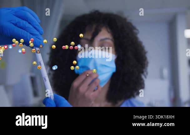 Medical nurse bringing sample tube, patient pulling down mask for ...