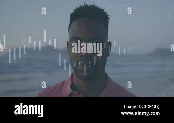 Man on sandy dusk beach with white waveform graphic emerging moving ...