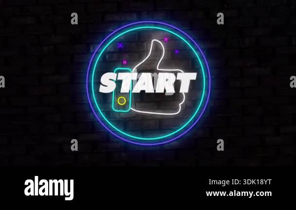 Opening neon circle with phone shape, thumbs up tracing and START text ...