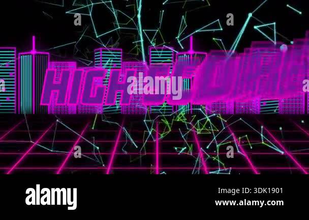 magenta grid starting cyan-lime-green network drifting, cascading ...