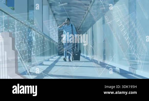 Traveler walking glass skybridge while answering phone as animated ...