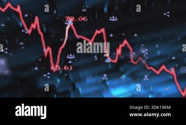 Starting red line chart over 3D grid showing dips surges, icons fading ...