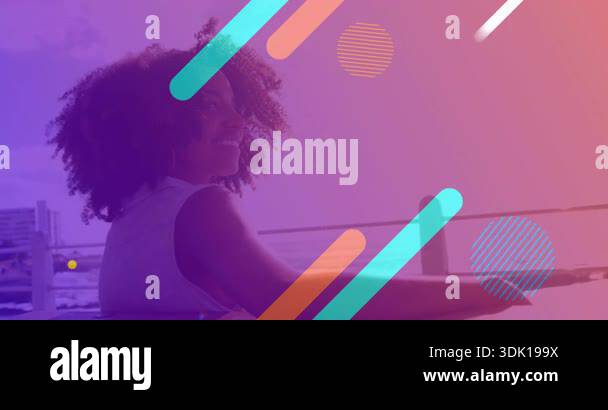 Colorful overlays appearing around woman sitting at waterfront railing ...