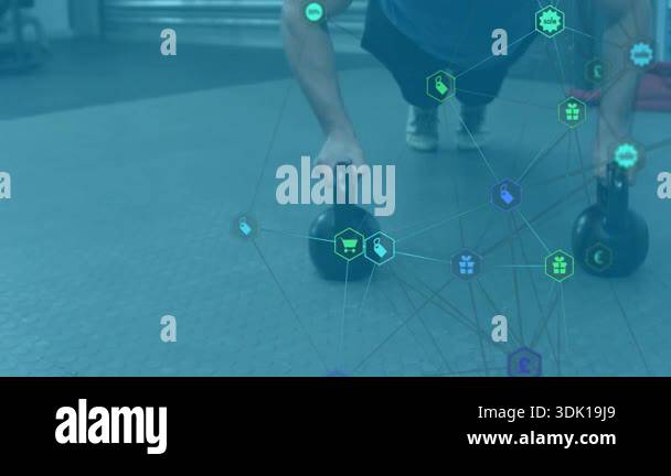 Male athlete placing kettlebells activating plank push-ups while hex ...