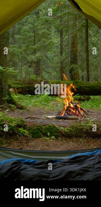 Campfire burning in forest viewed from inside tent, Cozy outdoor ...