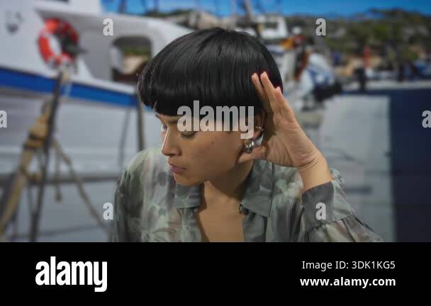 Young chinese woman stands near a boat at the seaside port, wearing ...
