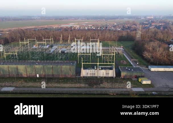 Aerial drone footage of the Wijdewormer high voltage substation in ...
