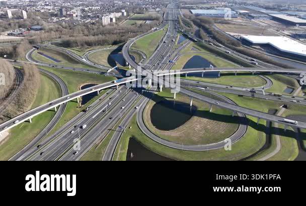 Aerial perspective of a complex highway intersection with multiple ...