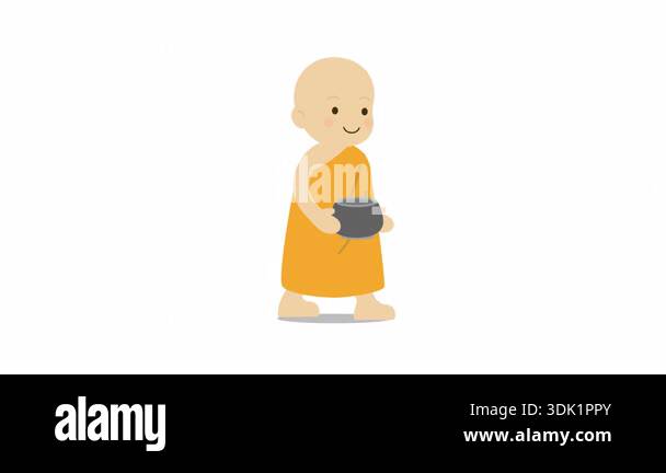 Buddhist Monk Walking with Alms Bowl. 2D Cartoon Animation with Alpha ...