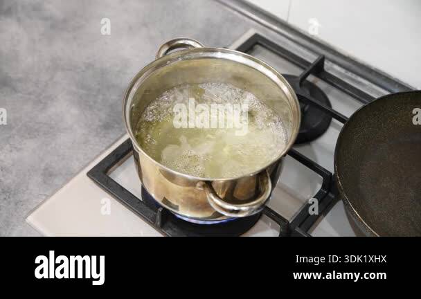Bubbling, steaming water in reflective stainless steel pot on lit gas ...