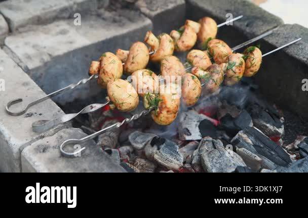 Mushroom kebabs are grilled on skewers above glowing charcoal in ...