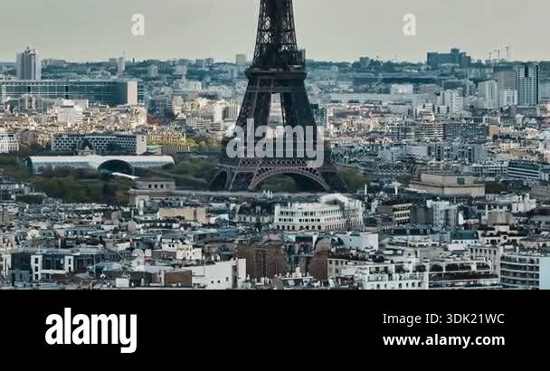 Aerial panning view of the historic center of Paris with the Eiffel ...