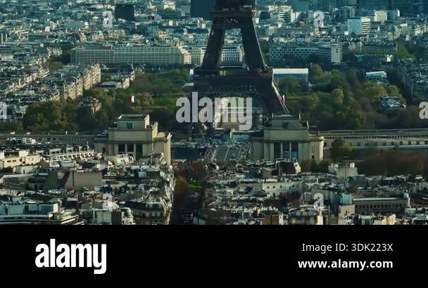 Aerial panning view of the historic center of Paris with the Eiffel ...