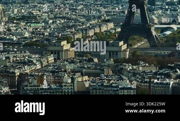 Aerial panning view of the historic center of Paris with the Eiffel ...