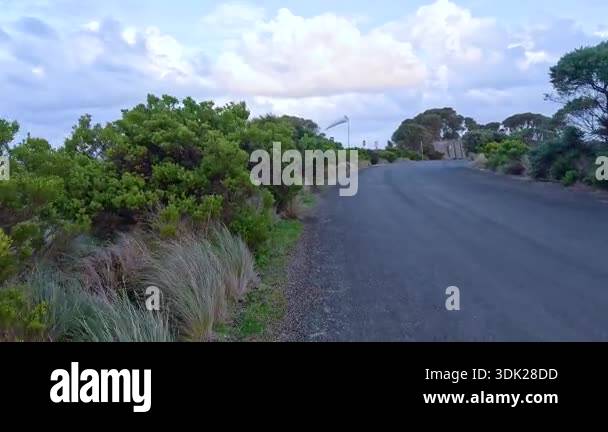 A serene drive along a winding road surrounded by lush greenery and ...