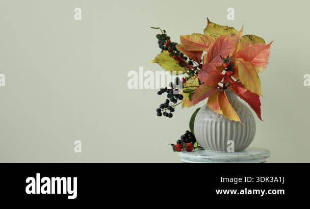 Autumn atmosphere. Vase of dry leaves and berries spinning against ...
