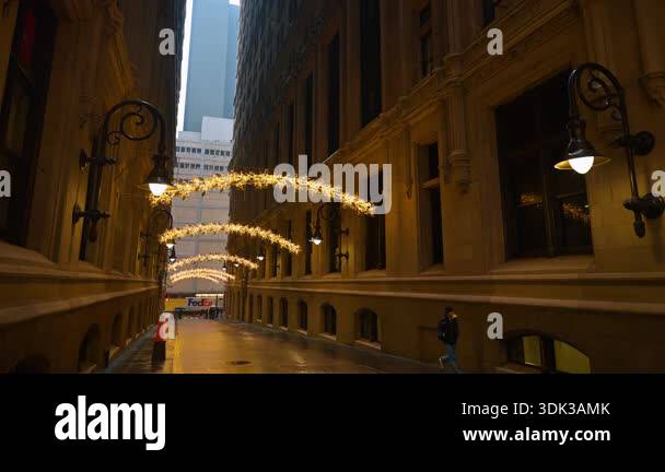 New York, USA, 15 January 2026: Holiday lights in historic alley ...