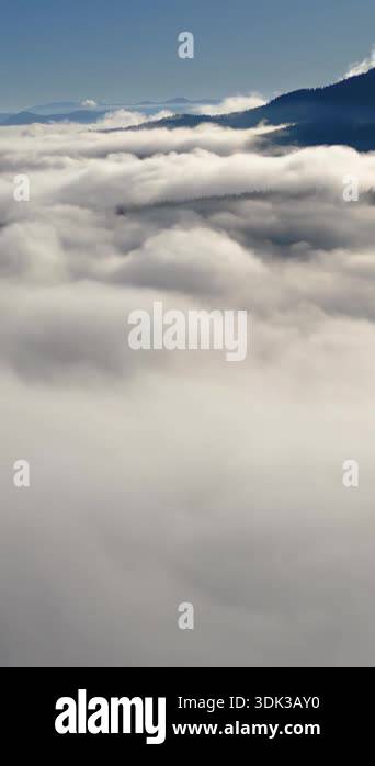 Flying over a misty autumn landscape where low clouds gently cover ...