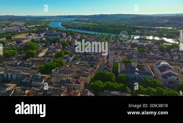 Aerial view of french town of Avignon on Rhone river in Provence with ...