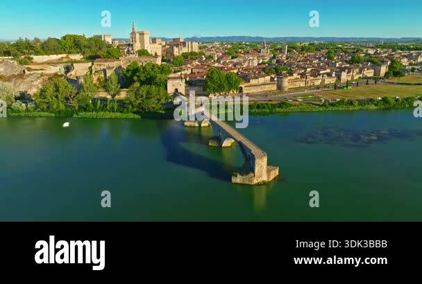 Aerial view of french town of Avignon on Rhone river in Provence with ...