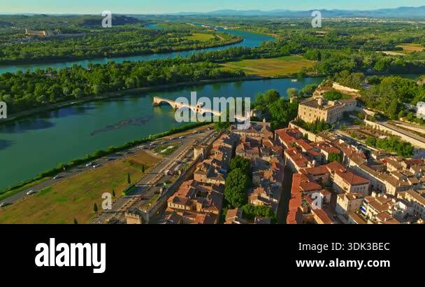 Aerial view of french town of Avignon on Rhone river in Provence with ...