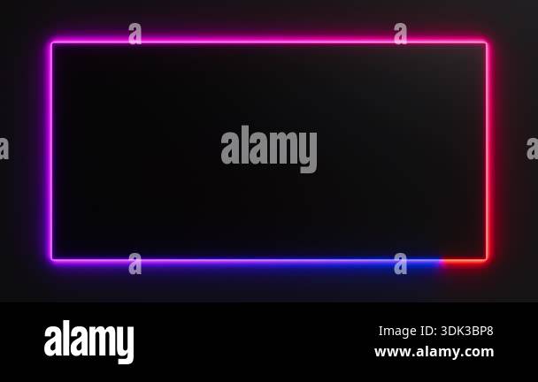 Red violet neon light is moving around black rectangle frame on dark ...