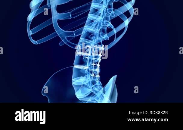 Detailed transparent human skeleton with spinal surgery stabilization ...