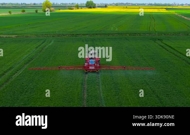 Pesticide sprayer tractor working on large wheat field. Farming machine ...