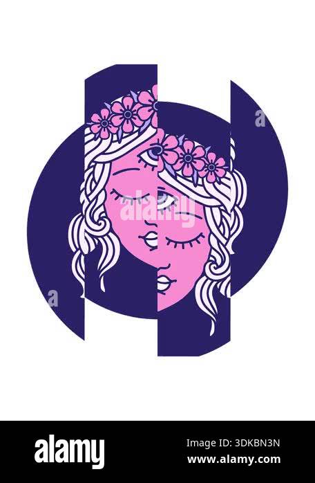 splitting motion animation of iconic tattoo style image of female face ...