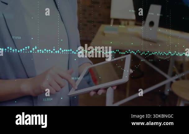 Woman tapping tablet screen, swiping data display revealing animated ...