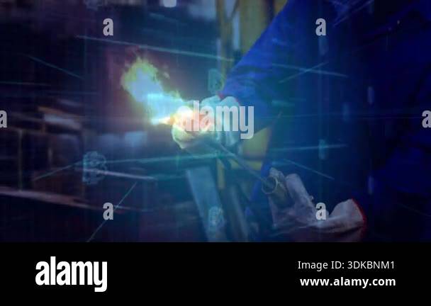 Metalworker twisting torch valve igniting flame, overlaying circuits ...