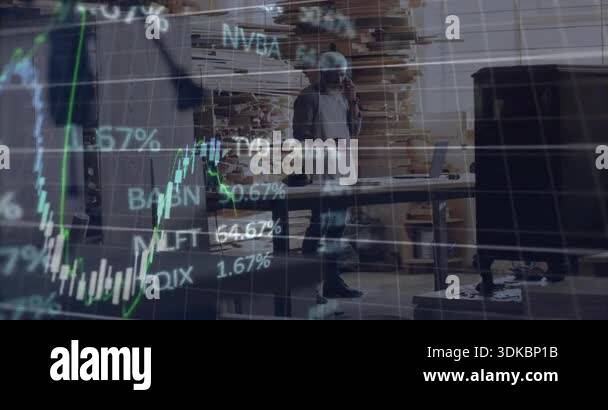 Woodworker taking smartphone call while gesturing, finance charts ...