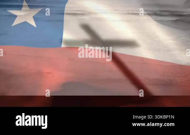 Cross shadow appearing on waving Chilean flag drifting upward across ...