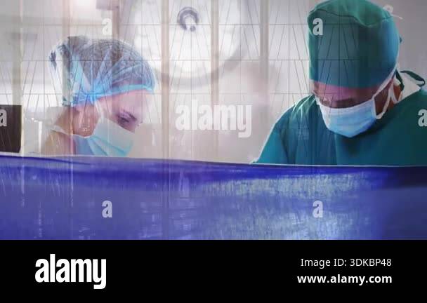 Medical camera panning surgeon cauterizing incision under drape while ...