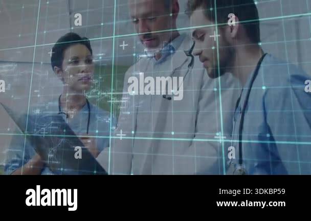 Female clinician tapping tablet to prompt team scrolling patient chart ...