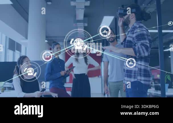 Man putting on VR headset and holding tablet projecting technology ...