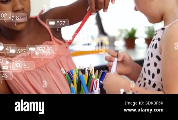 left girl selecting red pencil from container starting animated color ...