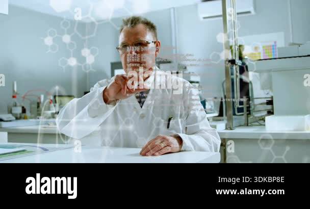Senior male scientist tapping transparent holographic grid, swiping ...