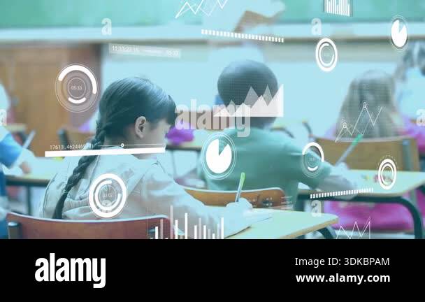 Braided girl writing in classroom as animated charts fading in ...