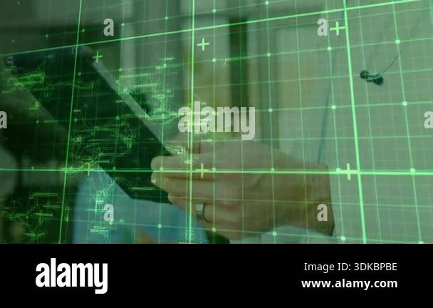 Doctor tapping tablet screen under grid overlay, navigating animated ...