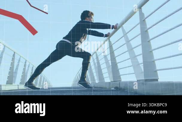 Man stepping onto bridge and using railing for calf quad stretches ...