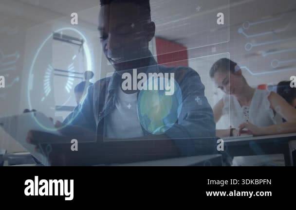 student opening tablet in classroom, sparking data charts while tapping ...