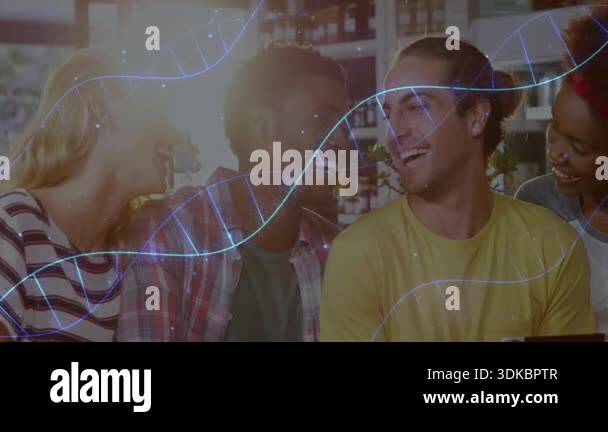 Friends laughing in cafe during chat, swirling blue purple tech overlay ...