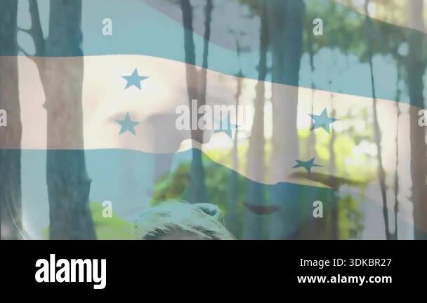 Flag waving uncovering teen ambassador wearing sunglasses smiling in ...