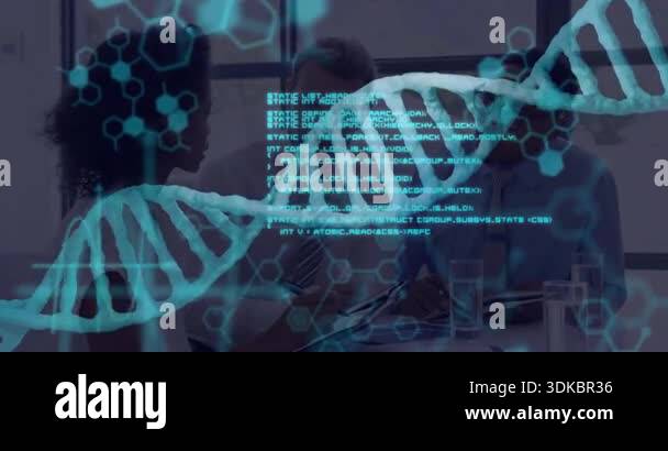 Female researcher tapping tablet triggers biotech DNA helix animation ...