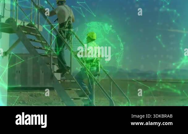 Construction workers stepping onto staircase, climbing to reach ...