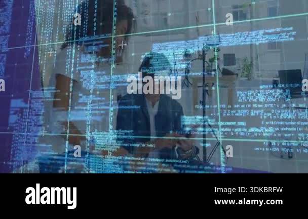 woman leaning pointing laptop screen while man tapping phone animated ...
