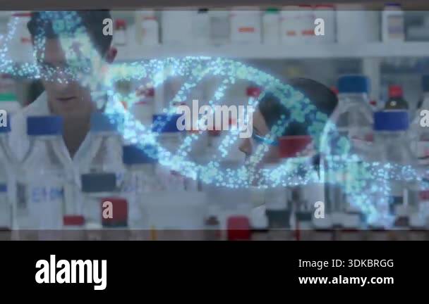 Female scientist reading vial label causing DNA helix and UI appearing ...
