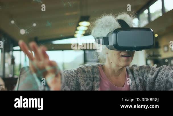 VR headset activating woman lifting arms swiping floating shapes ...