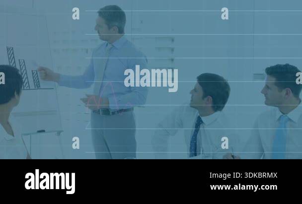 Presenter pointing flip chart initiating finance line charts; team ...